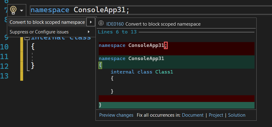 Convert To File Scoped Namespace Refactoring Isnt Applicable At All