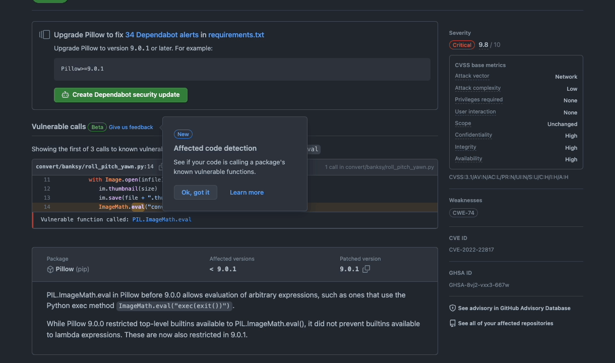 Dependabot Alerts now show vulnerable function calls · community ...