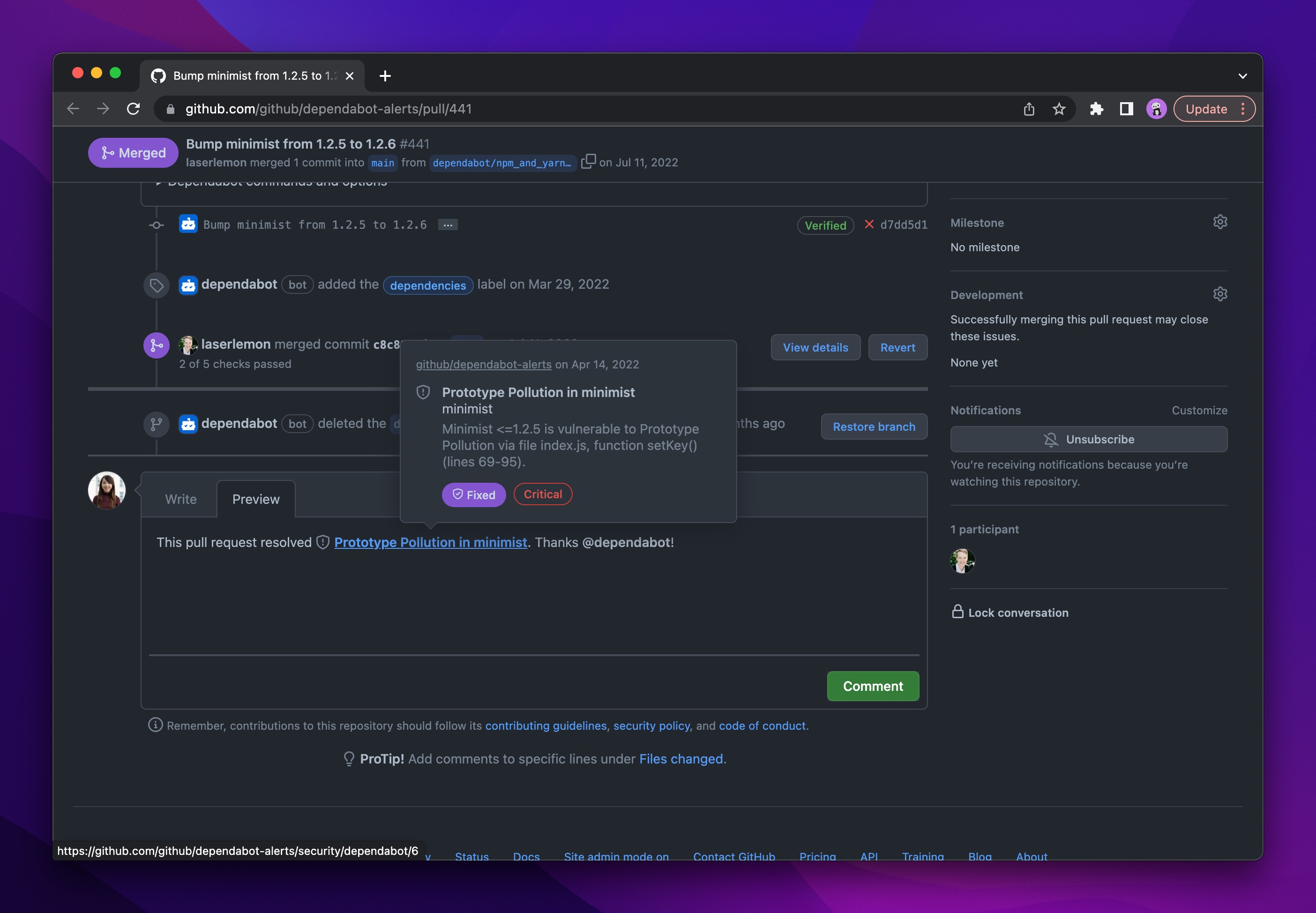 Dependabot alerts prettified link and hovercard - GitHub Changelog