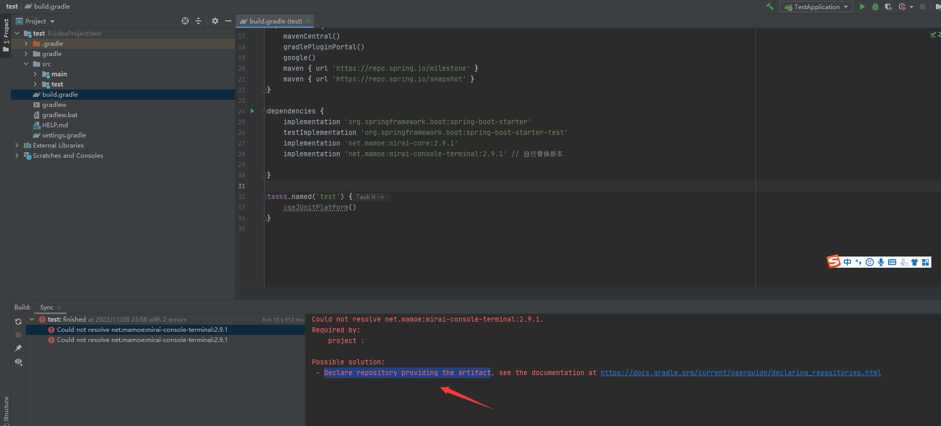 java使用gradle构建项目，引入net.mamoe:mirai-console-terminal 报错 · Issue #2366 · mamoe/mirai · GitHub