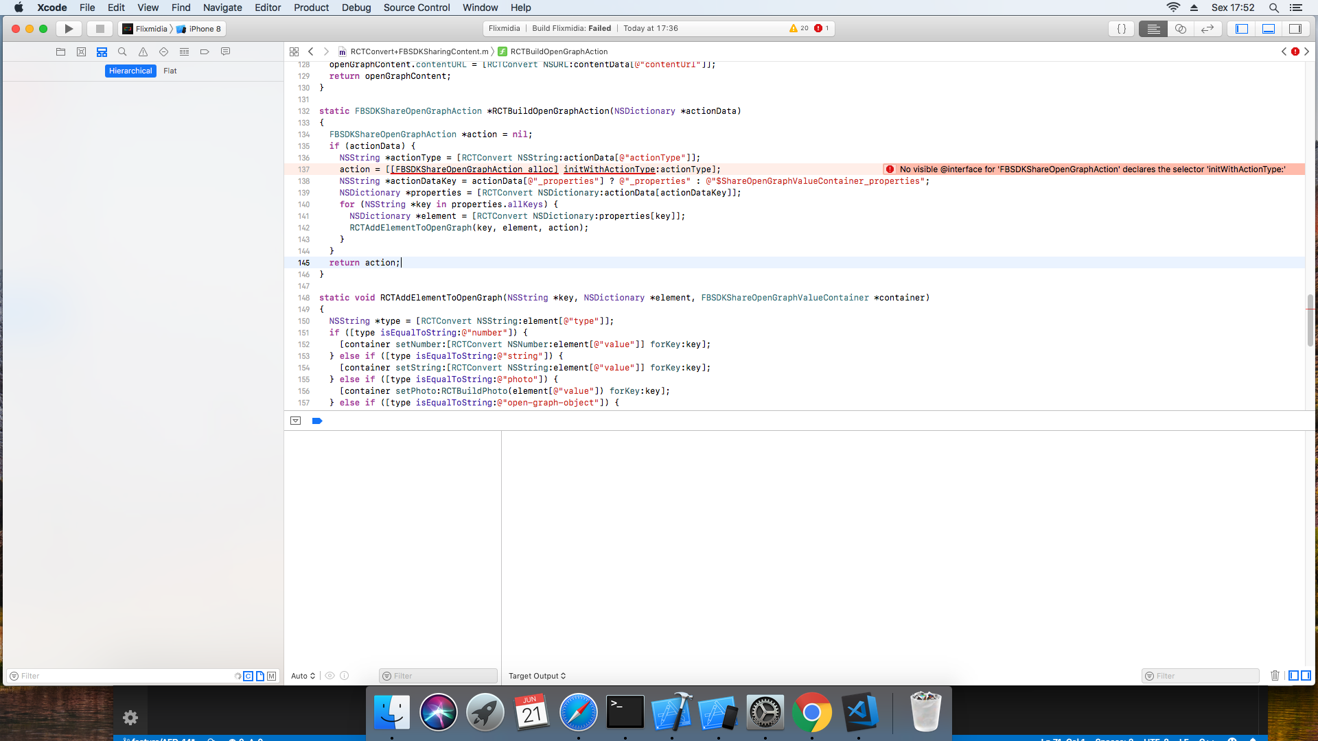 No visible @interface for 'FBSDKShareOpenGraphAction' declares the selector 'initWithActionType ...