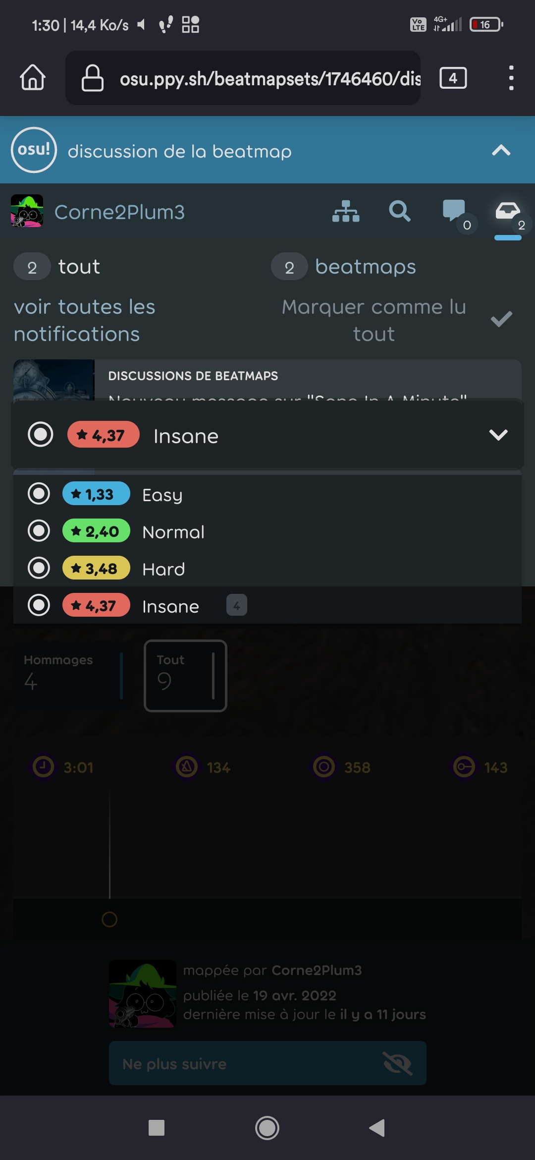 Beatmap discussion difficulty selector dropdown is above the menu at the top when waiting an ...