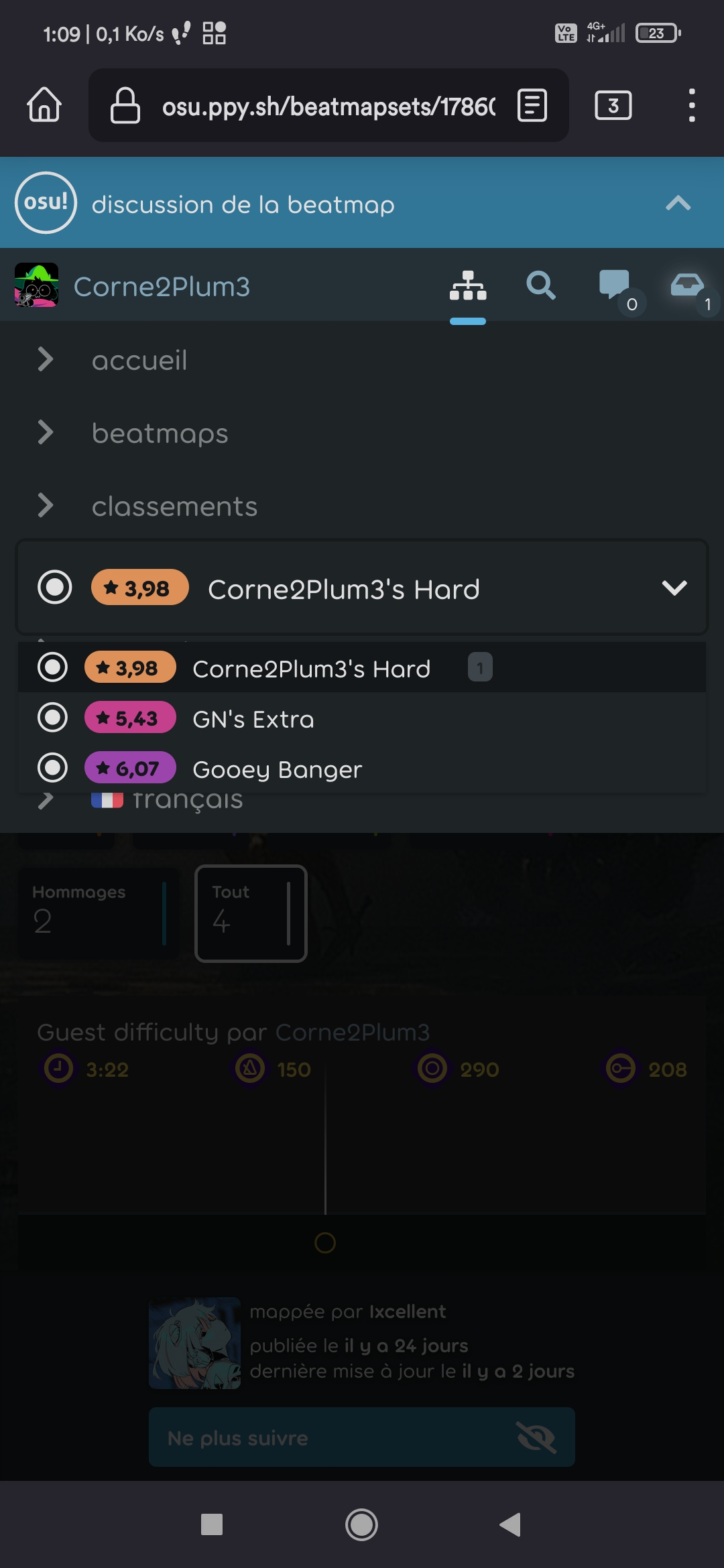 Beatmap discussion difficulty selector dropdown is above the menu at the top when waiting an ...