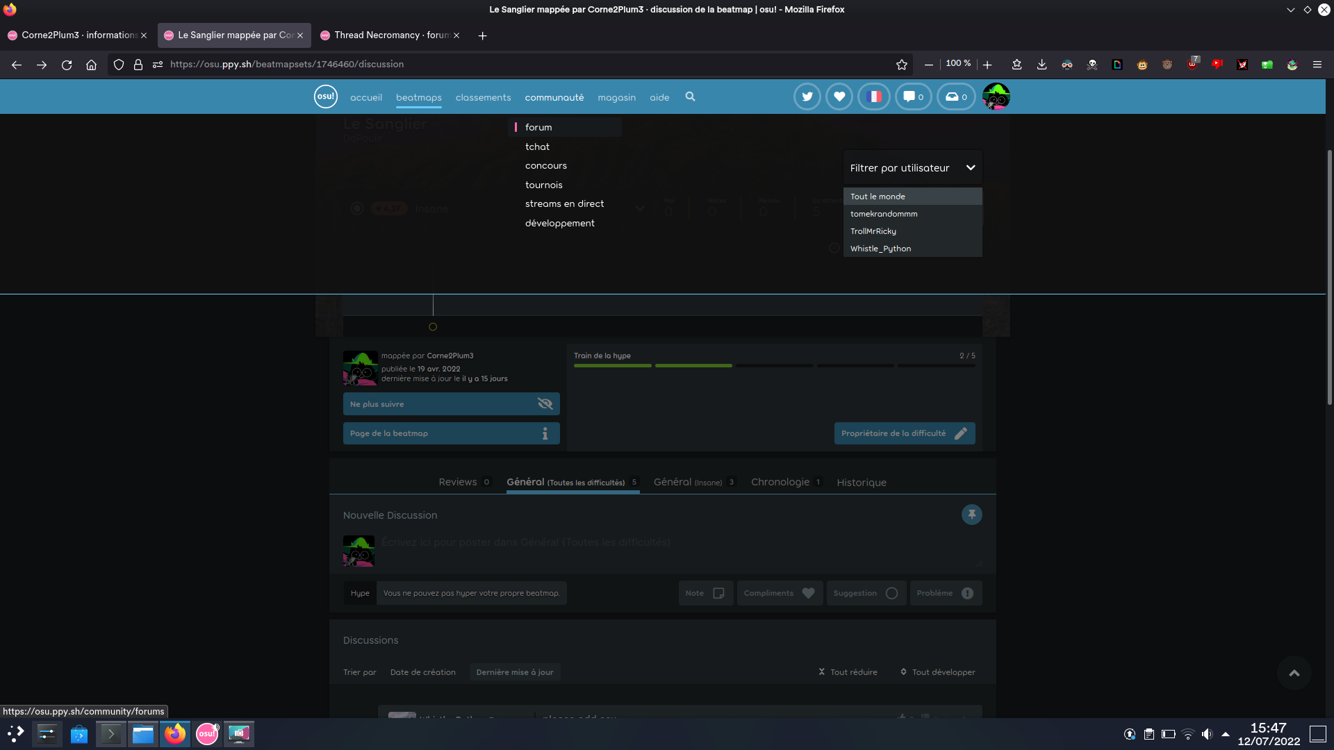 Beatmap discussion difficulty selector dropdown is above the menu at the top when waiting an ...