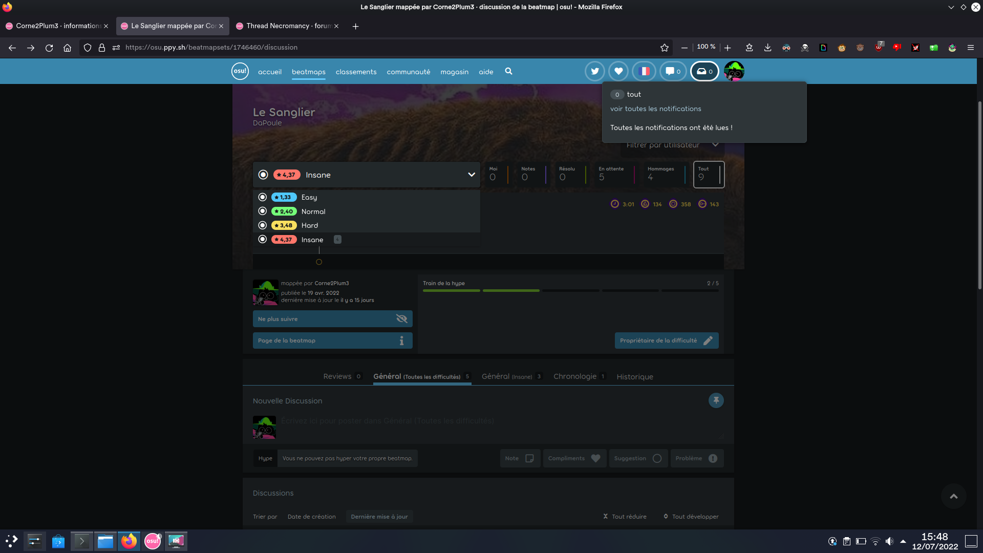 Beatmap discussion difficulty selector dropdown is above the menu at the top when waiting an ...