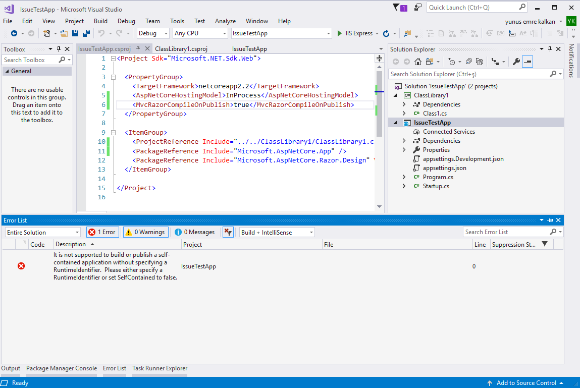 Publish Failed! Self-contained deploy - "It is not supported to build or publish a self ...