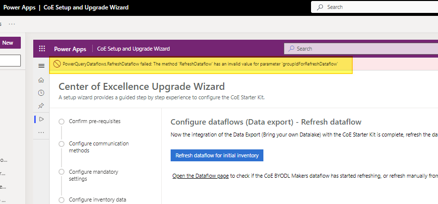 [coe Starter Kit Bug] Coe Upgrade Wizard Error In Button Refresh Dataflow For Initial