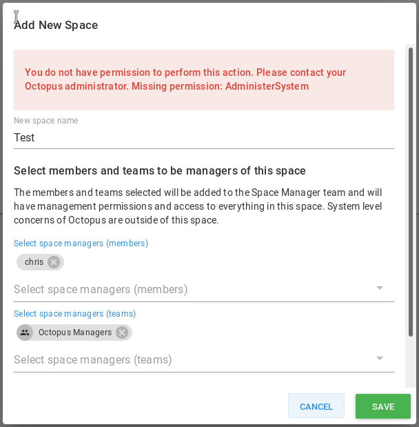 Creating a space requires "AdministerSystem" · Issue #5779 · OctopusDeploy/Issues · GitHub