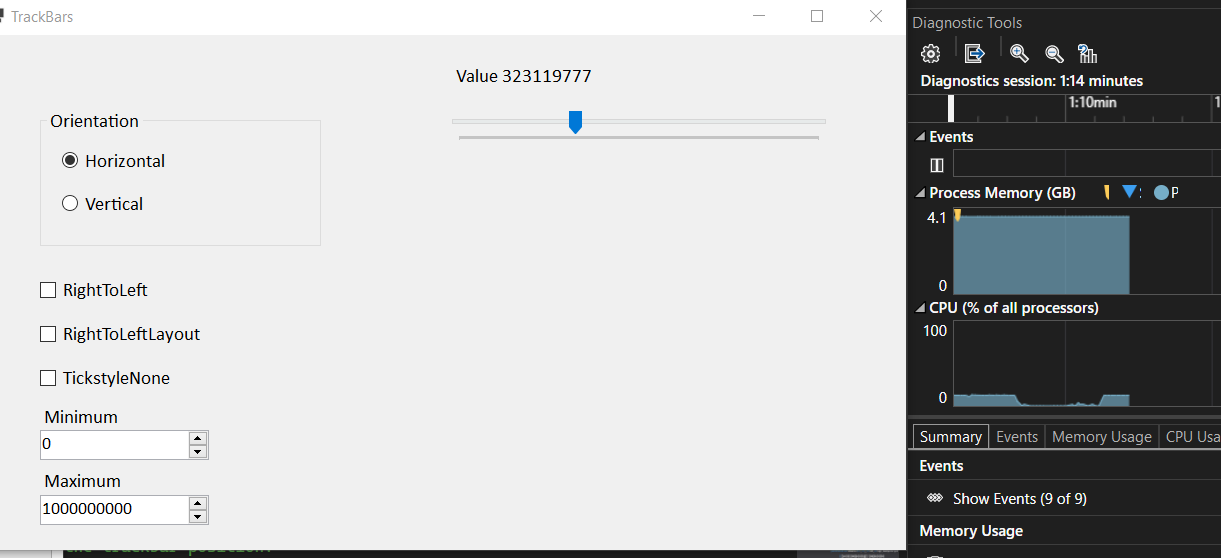 Setting the Maximum value on a Trackbar to a very large number results in excessive memory usage ...