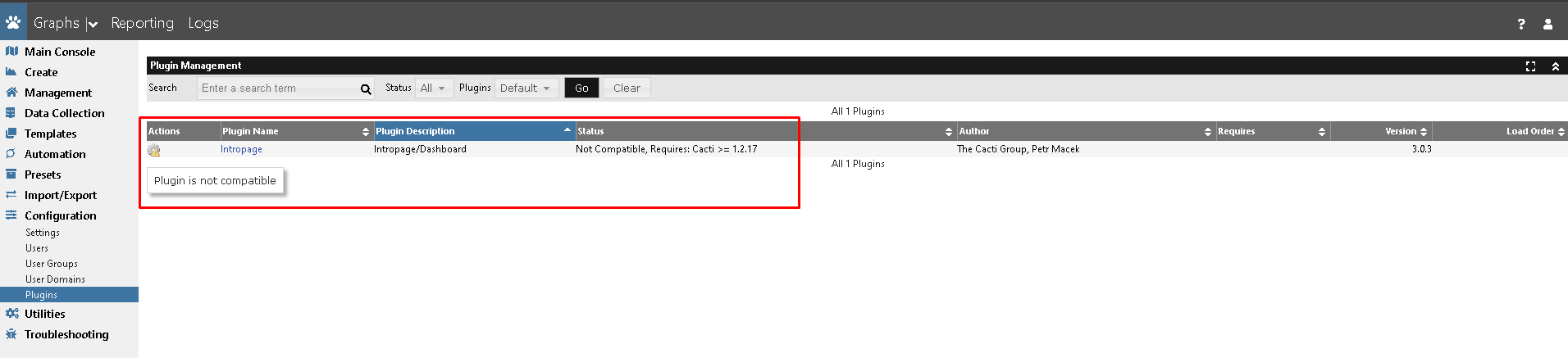 Not Compatible, Requires: Cacti >= 1.2.17 · Issue #151 · Cacti/plugin_intropage · GitHub