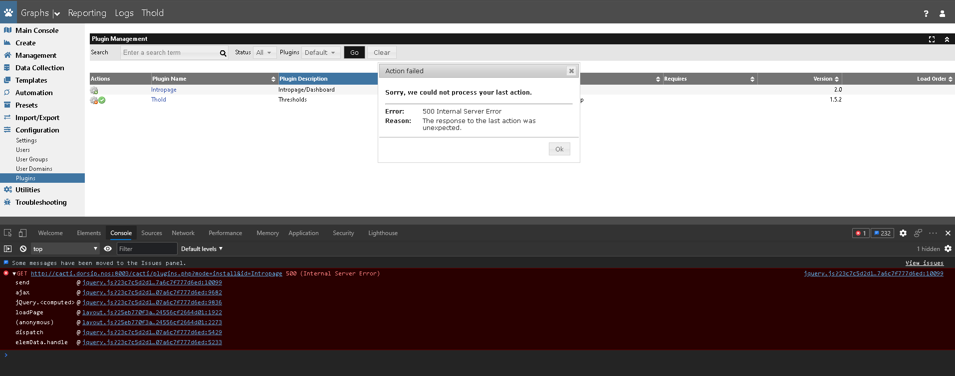 500 code error · Issue #152 · Cacti/plugin_intropage · GitHub