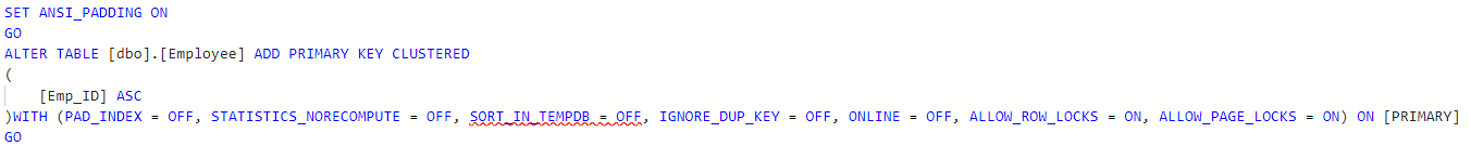Generated Scripts with Primary Key Definitions include Intellisense syntax error on SORT_IN ...