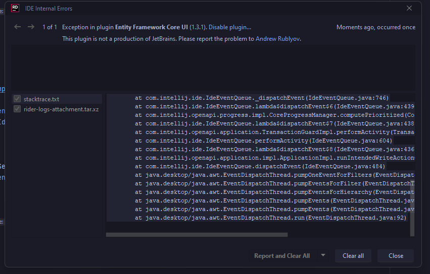 Plugin crashed after start IDE · Issue #77 · JetBrains/rider-efcore · GitHub