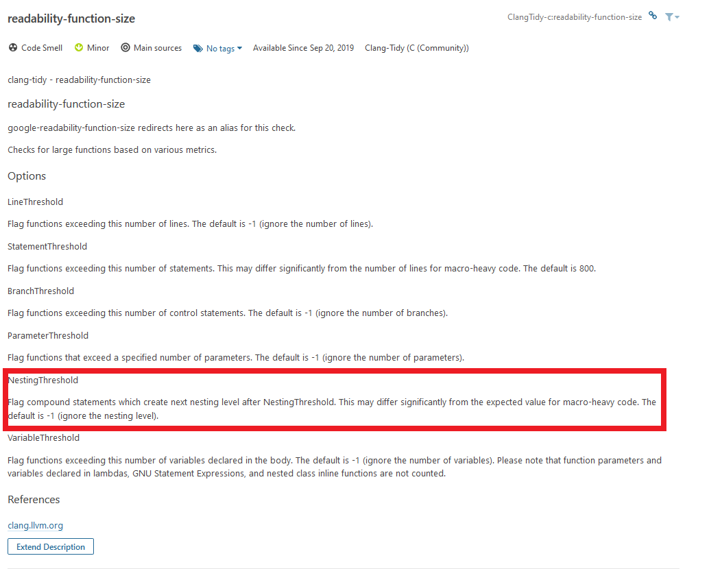 Clang-Tidy: How to modify option value “NestingThreshold” with “readability-function-size” rule ...