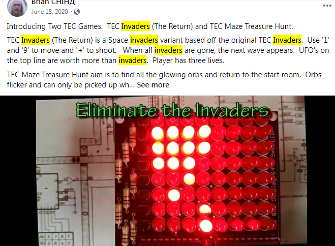 GitHub - SteveJustin1963/tec-INVADERS: TEC-1 Space Invaders on 8X8 Matrix and OLED