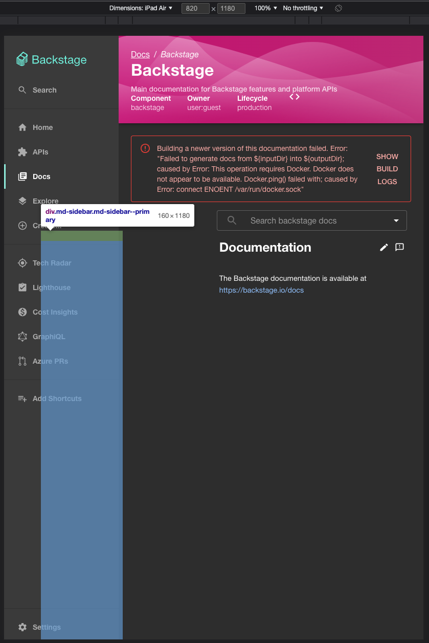 Techdocs: Docs sidebar is invisible at smaller window sizes with sidebar pinned · Issue #8787 ...