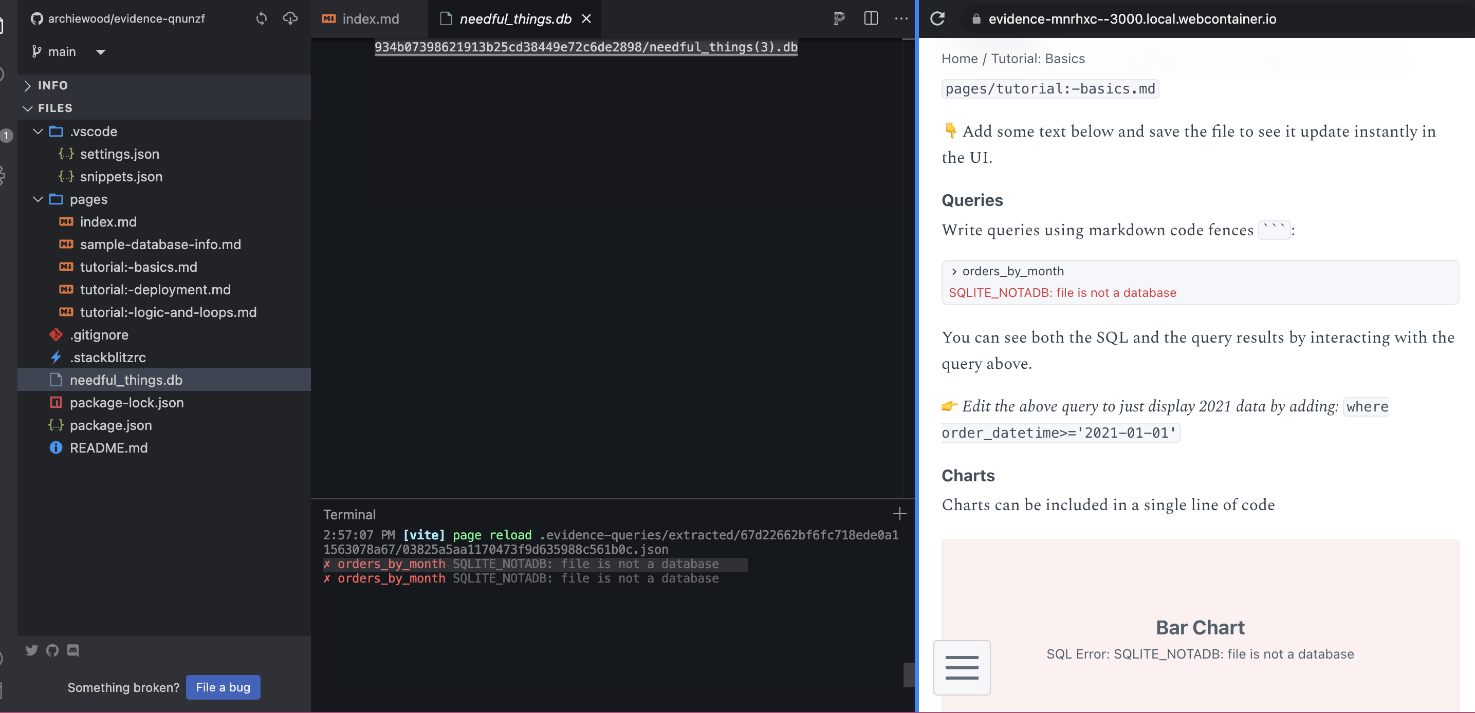 SQLite db does not work after connecting to Github Repo · Issue #730 · stackblitz/webcontainer ...