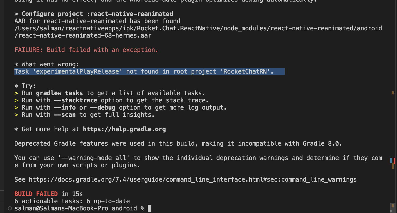 Task 'experimentalPlayRelease' not found in root project 'RocketChatRN'. · Issue #4686 ...