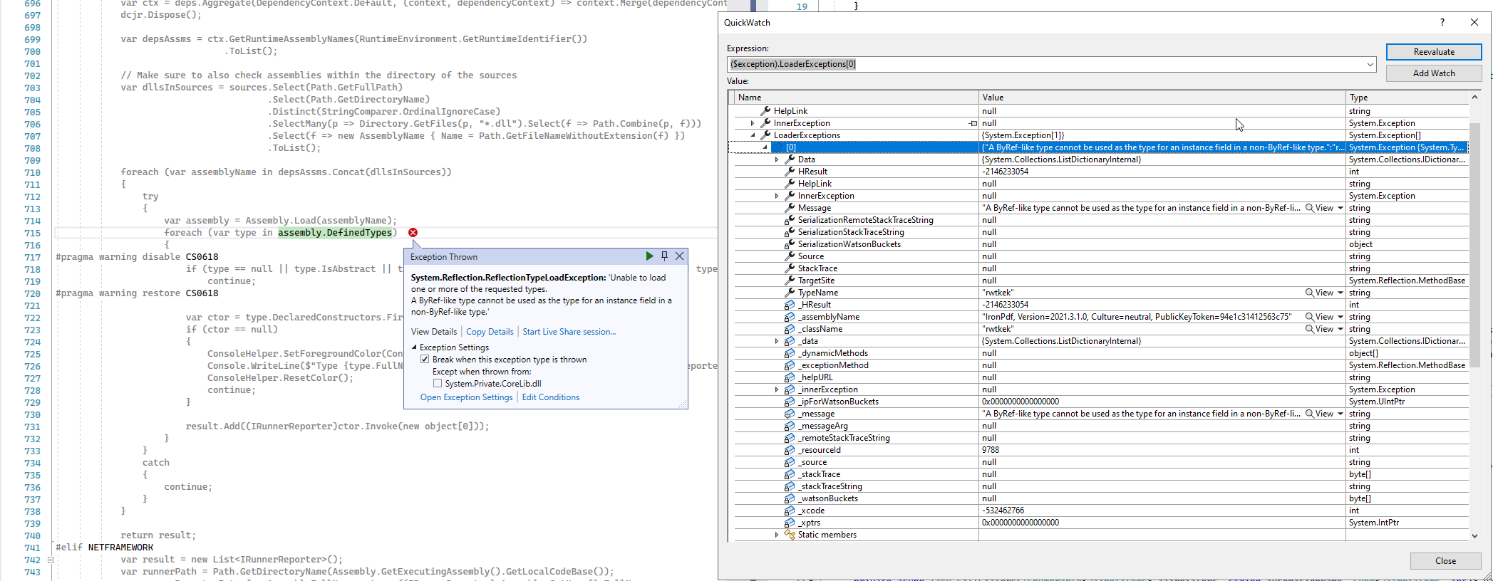 Crash when there are assembly loading error with ByRef-like type cannot be used as the type for ...