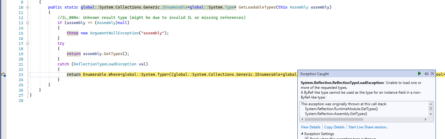 Crash when there are assembly loading error with ByRef-like type cannot be used as the type for ...