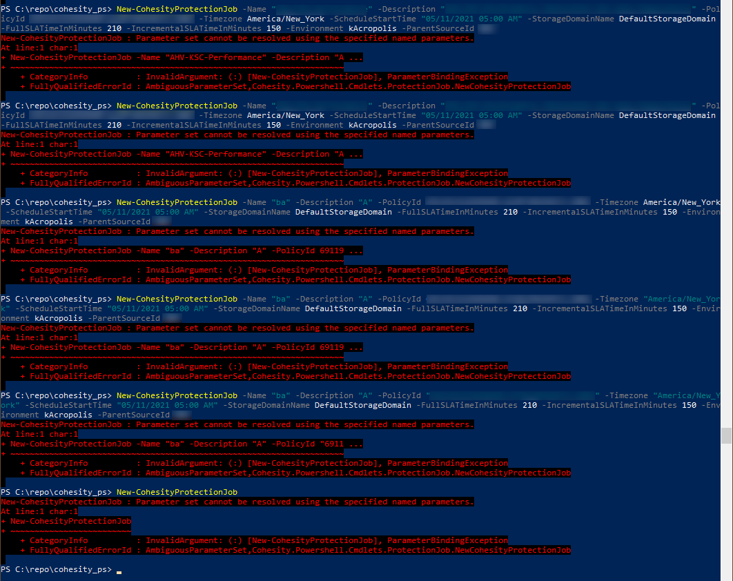 New-CohesityProtectionJob : Parameter set cannot be resolved using the specified named ...