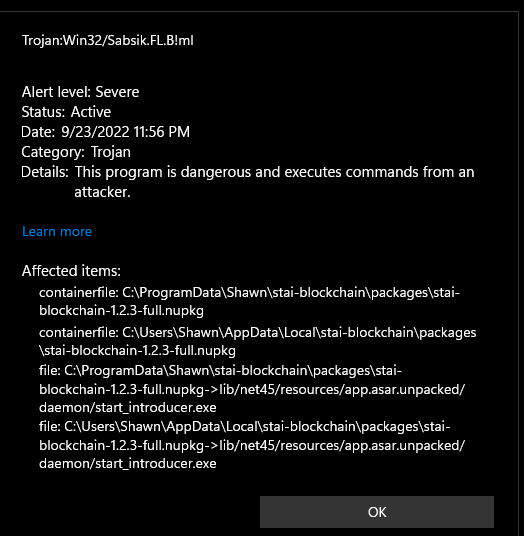 Current windows installer for 1.2.3 installs a Trojan Sabsik.FL!ml · Issue #28 · STATION-I/stai ...