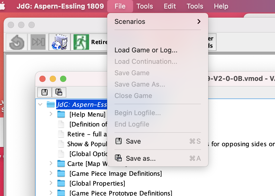 MAC - Player window File menu on MacOS shows "Save As" for the *MODULE ...