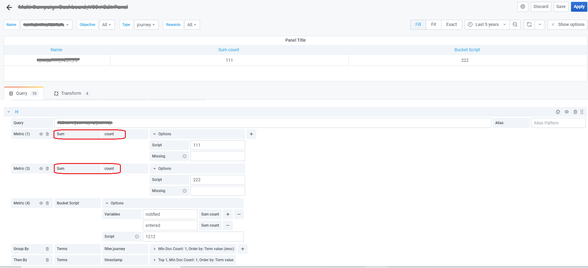 Grafana Fails To Show The Values Of The Bucket Script When Two Similar Metrics Are Used Under