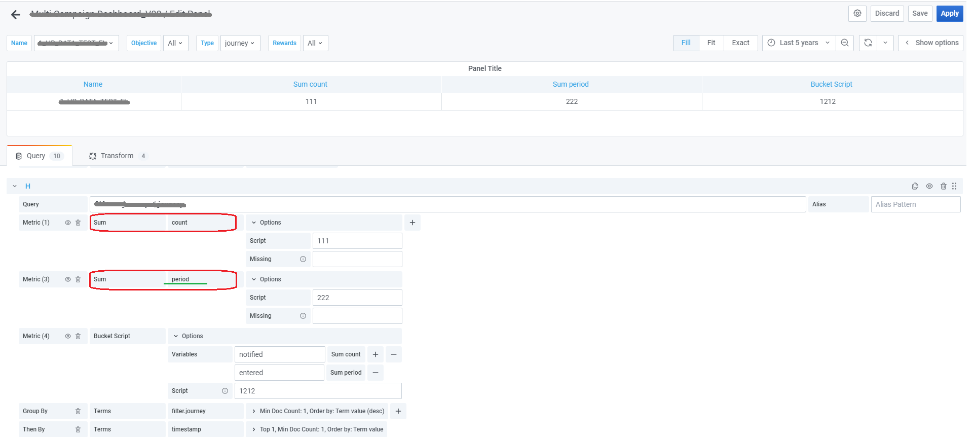 Grafana fails to show the values of the bucket script when two similar metrics are used under ...
