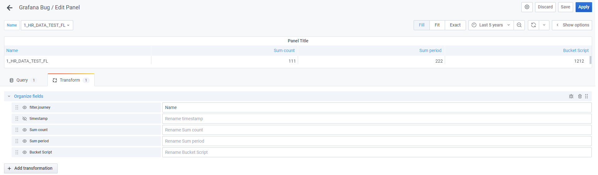 Grafana Fails To Show The Values Of The Bucket Script When Two Similar Metrics Are Used Under