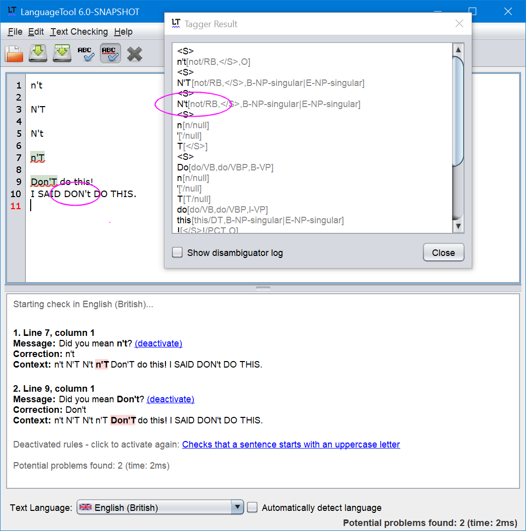 [en] Inconsistent/incorrect tagging of incorrectly capitalized N't as ...