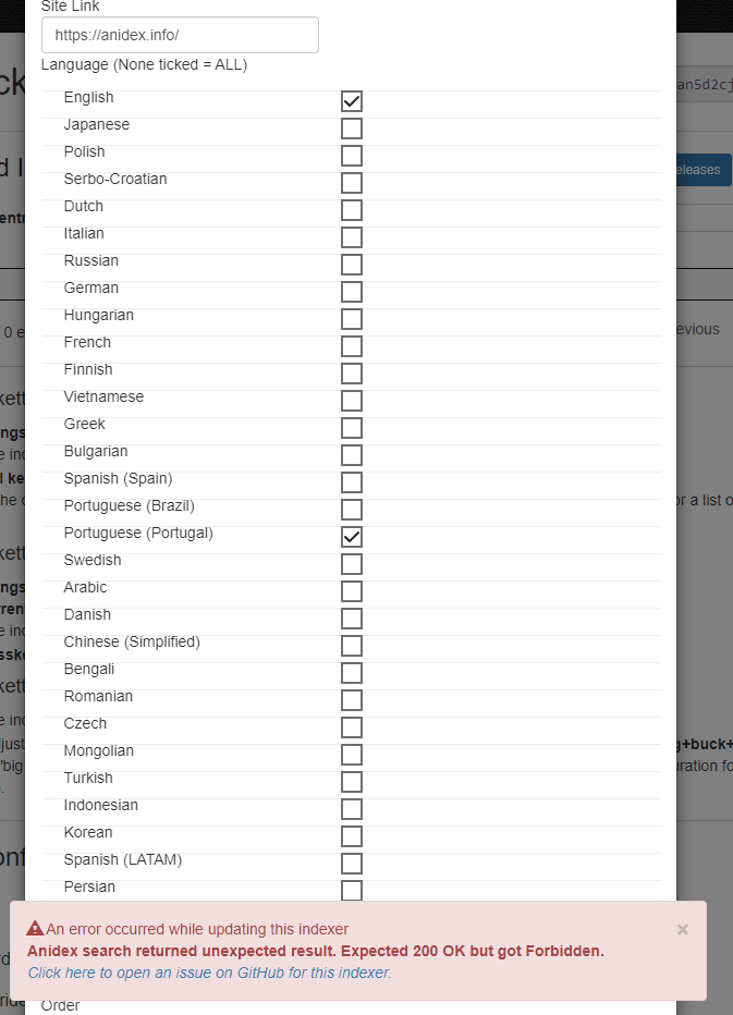 [anidex] Exception (anidex): Anidex search returned unexpected result. Expected 200 OK but got ...