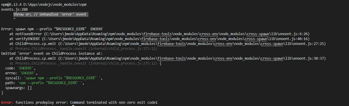 Failed to Deploy - events.js:180 ENOENT · Issue #2193 · firebase/firebase-tools · GitHub