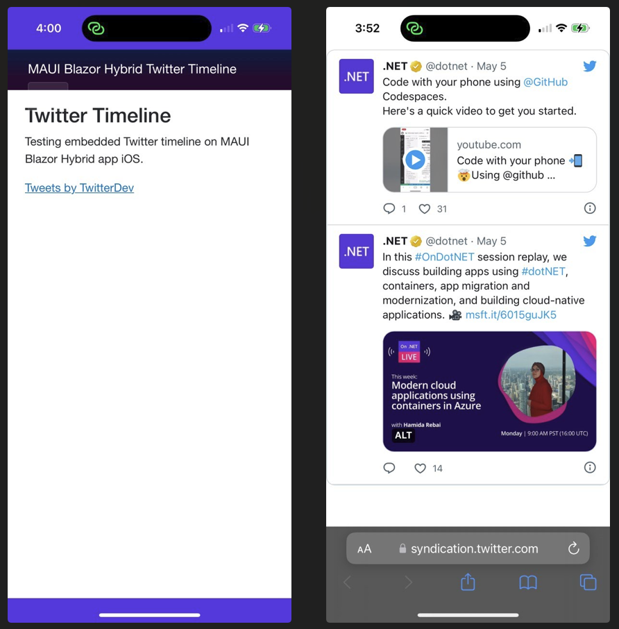 Github Seanrcomaui Blazor Hybrid Twitter Timeline Testing Embedded Twitter Timeline On Maui 