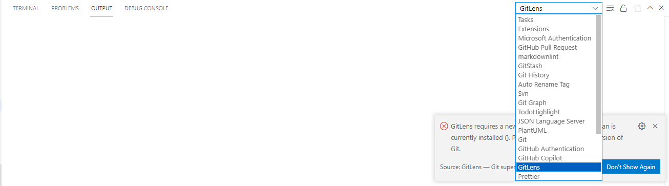 GitLens requires a newer version of Git (>= 2.7.2) than is currently installed (). Please ...