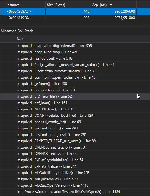 Memory leaks detected in MsQuicOpen2 function · Issue #2769 · microsoft/msquic · GitHub