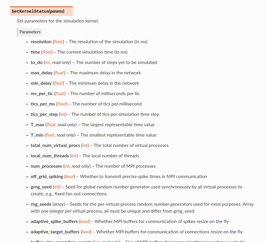 Kernel parameter documentation in PyNEST does not render properly · Issue #1555 · nest/nest ...