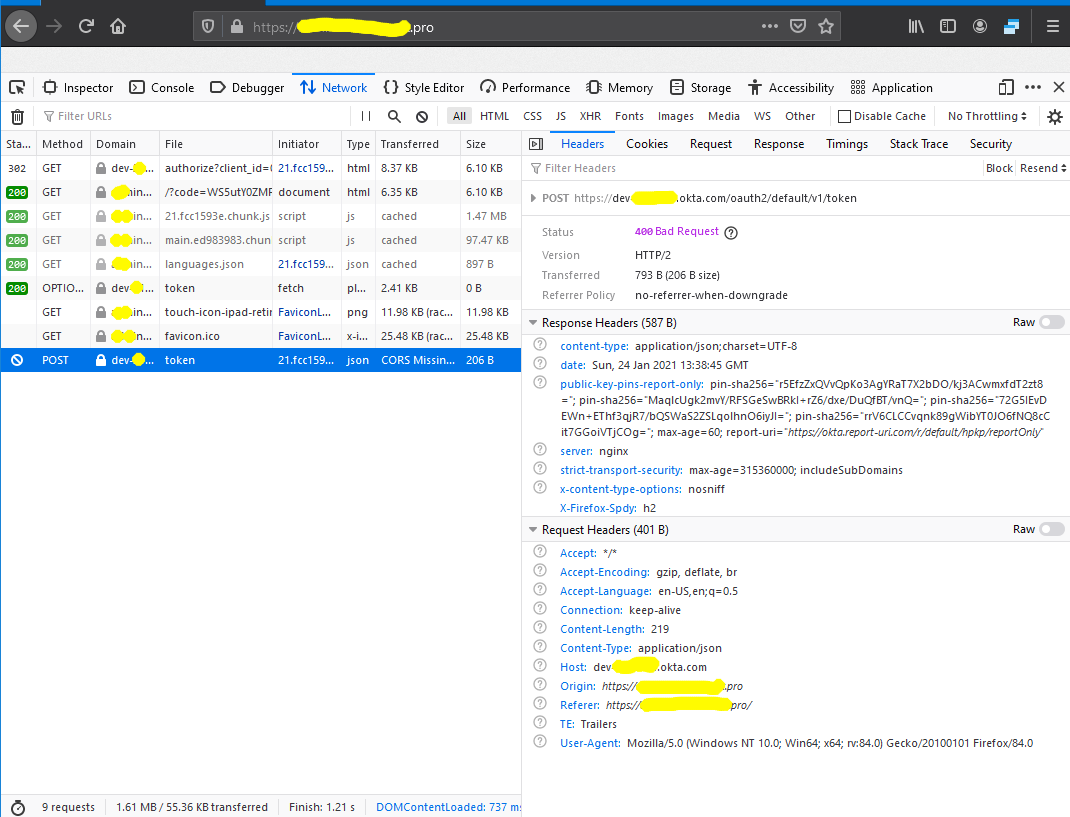 CORS Missing Allow Origin | Okta error code: E0000021 | token ...