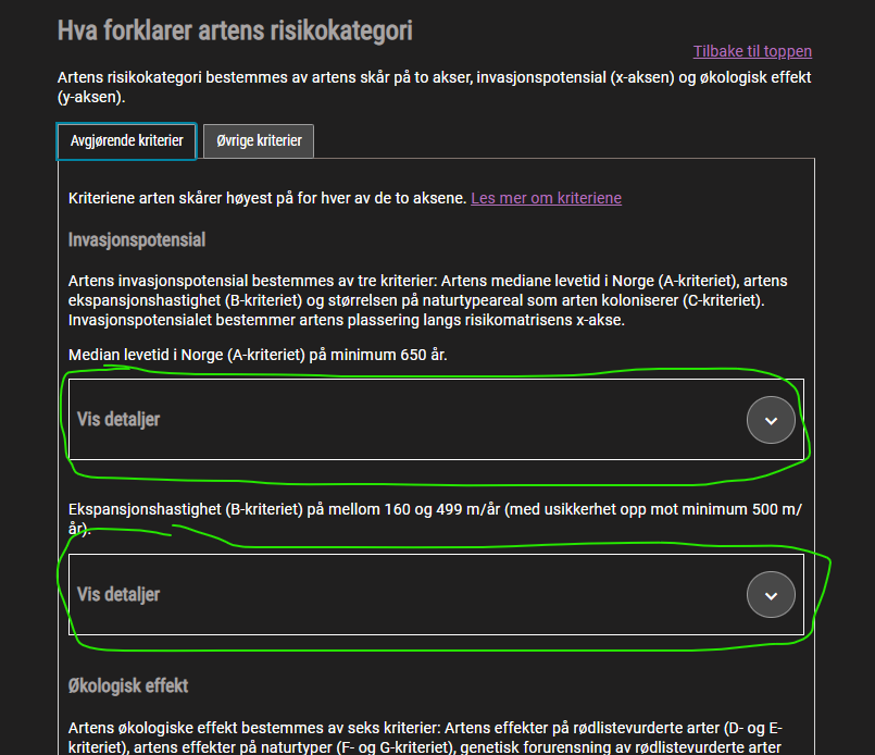 Artsside - hva forklarer artens risikokategori - tone ned "vis detaljer" · Issue #948 ...