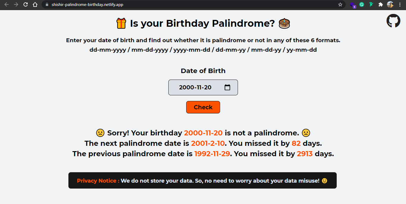 GitHub - shishirneupane/is-your-birthday-palindrome: A VanillaJS app that takes your date of ...