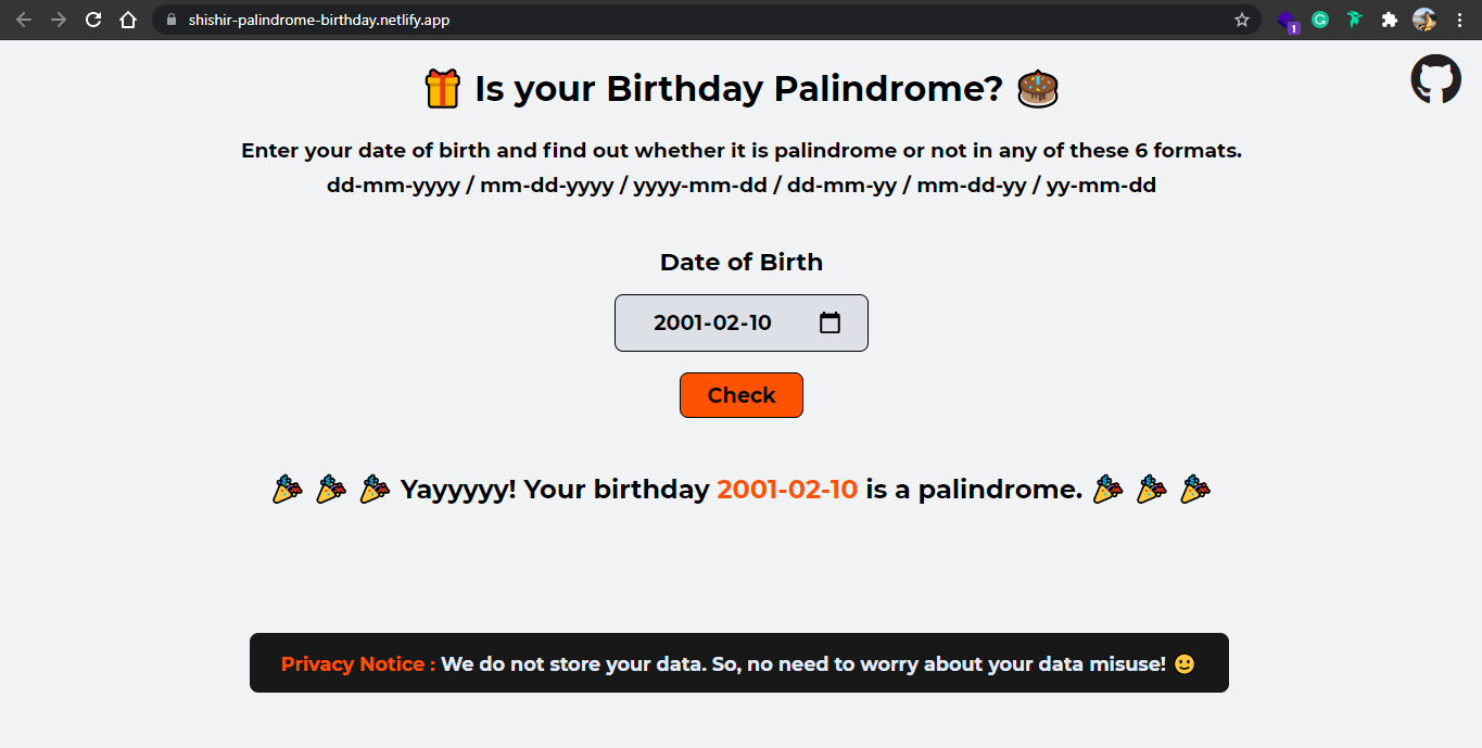 GitHub - shishirneupane/is-your-birthday-palindrome: A VanillaJS app that takes your date of ...
