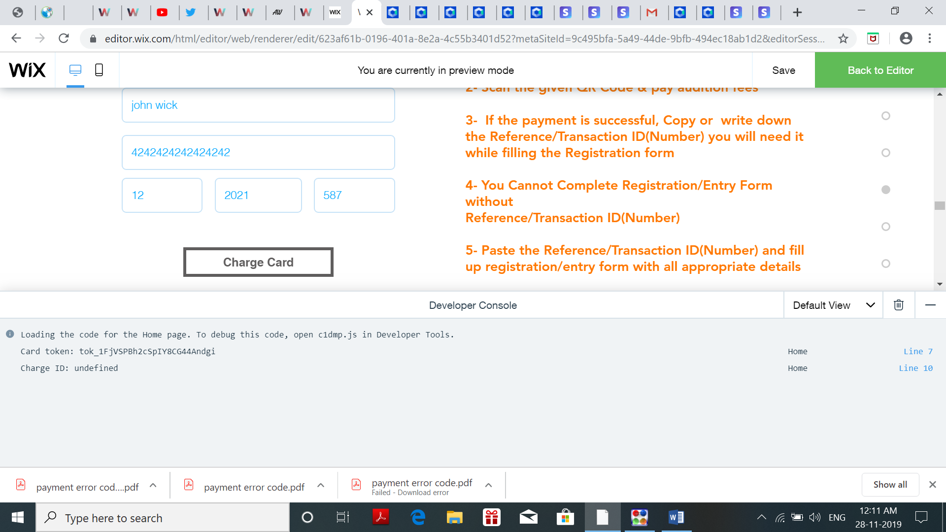 Added stripe payment into wix but while testing it i am getting Charge ...