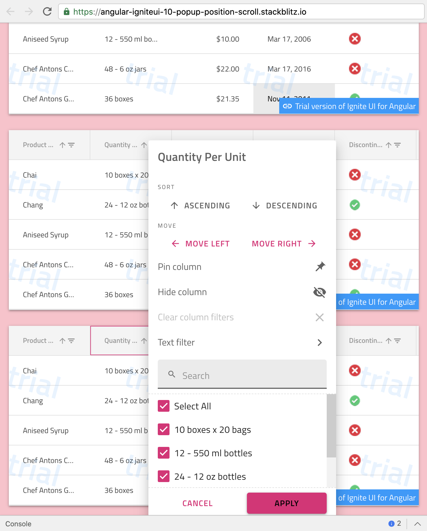 Igx Grid Excelstylefiltering Dialog Position When Scrolling Down To The Bottom Of The Page And