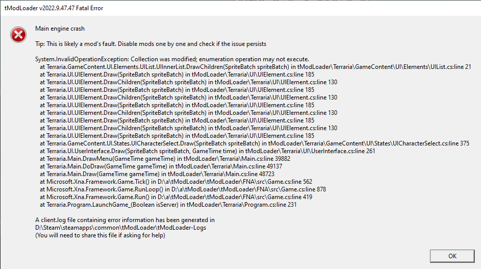 Main Engine Crash · Issue 3458 · Tmodloader Tmodloader · Github