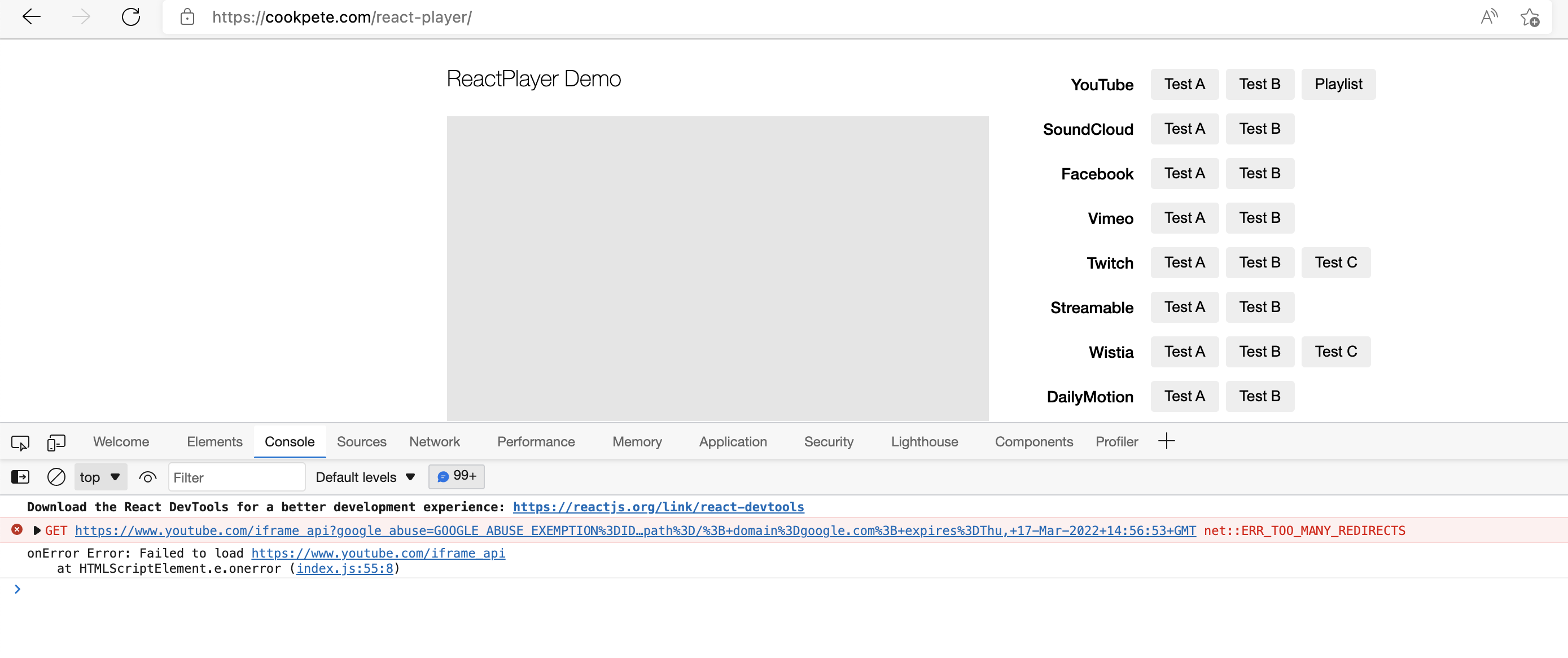 Failure to load https://www.youtube.com/iframe_api · Issue #1420 · cookpete/react-player · GitHub