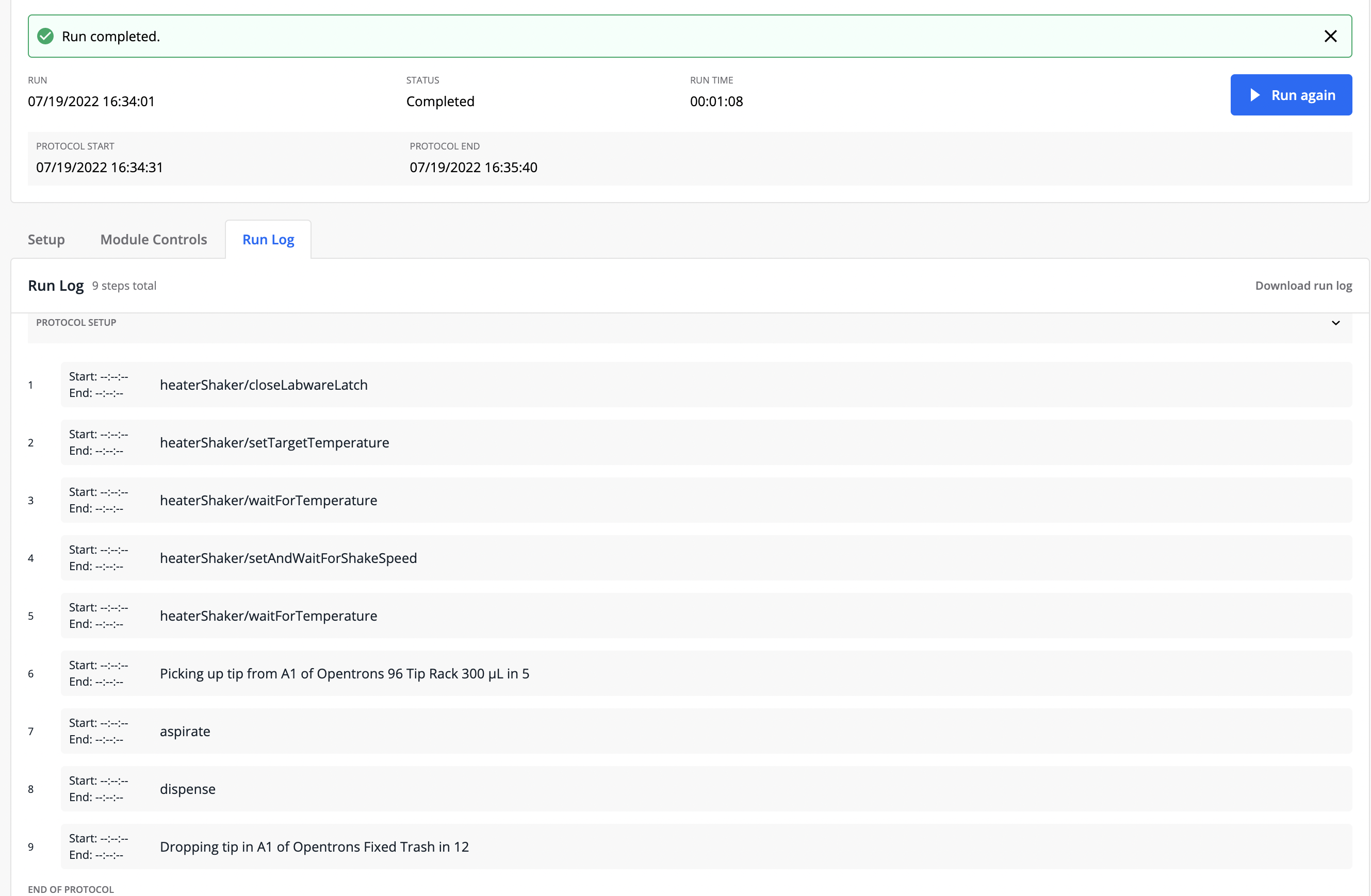bug: json protocol does not show run log time stamps · Issue #11180 · Opentrons/opentrons · GitHub