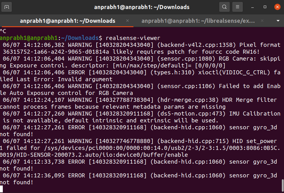 "ERROR [140293504141120] (backend-hid.cpp:1060) sensor gyro_3d not ...