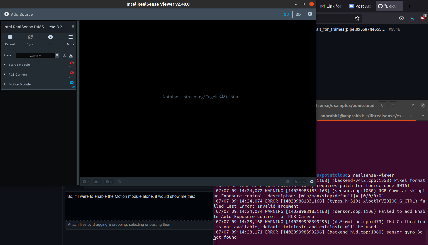 "ERROR [140293504141120] (backend-hid.cpp:1060) sensor gyro_3d not found!" and "RealSense error ...