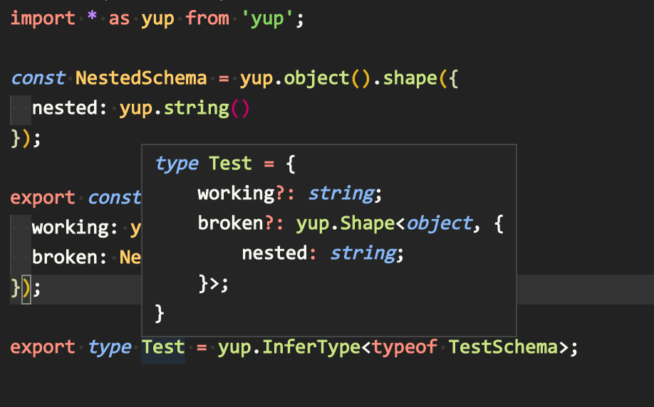 Declaration Files Generated By Tsc Output `any` For All Fields For Nested Yup Schemas · Issue