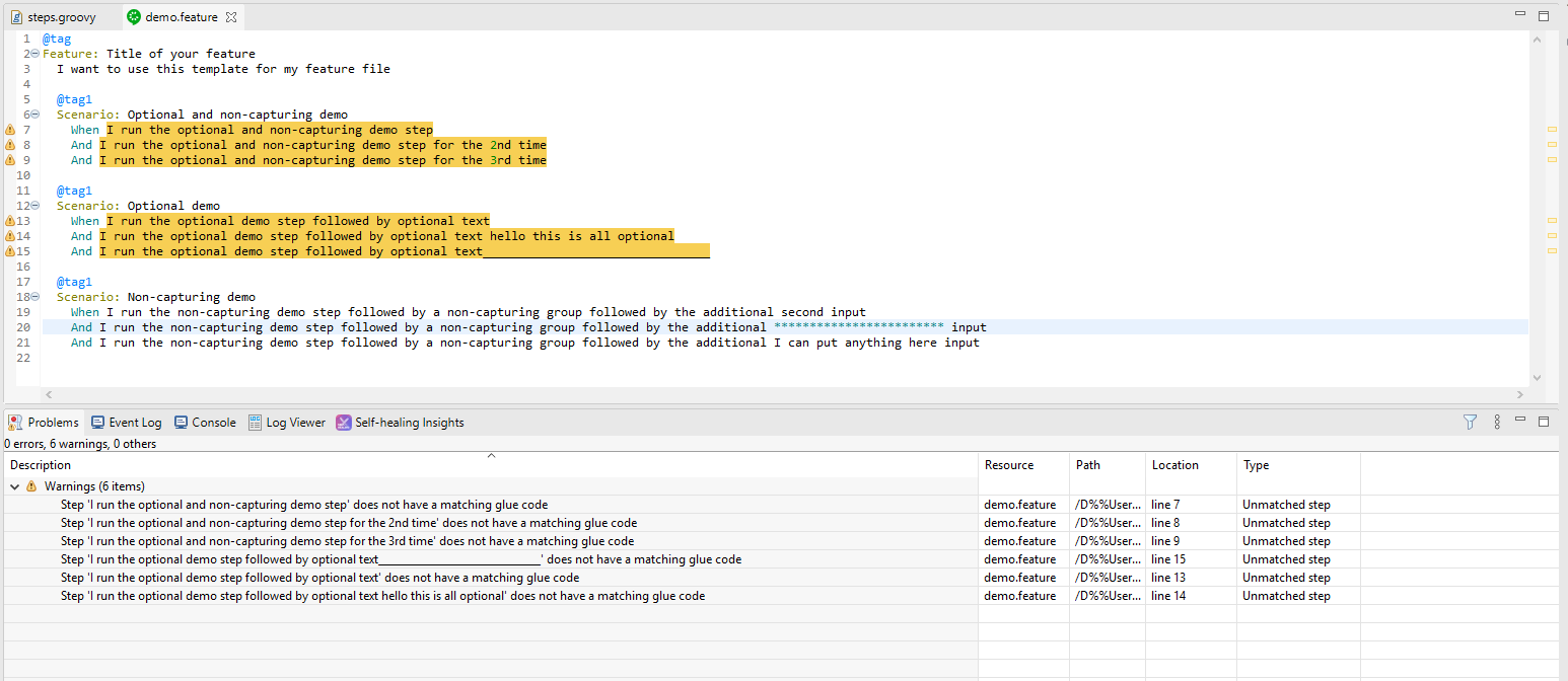 Katalon reports Cucumber steps do not have matching glue code when using regex with optional ...